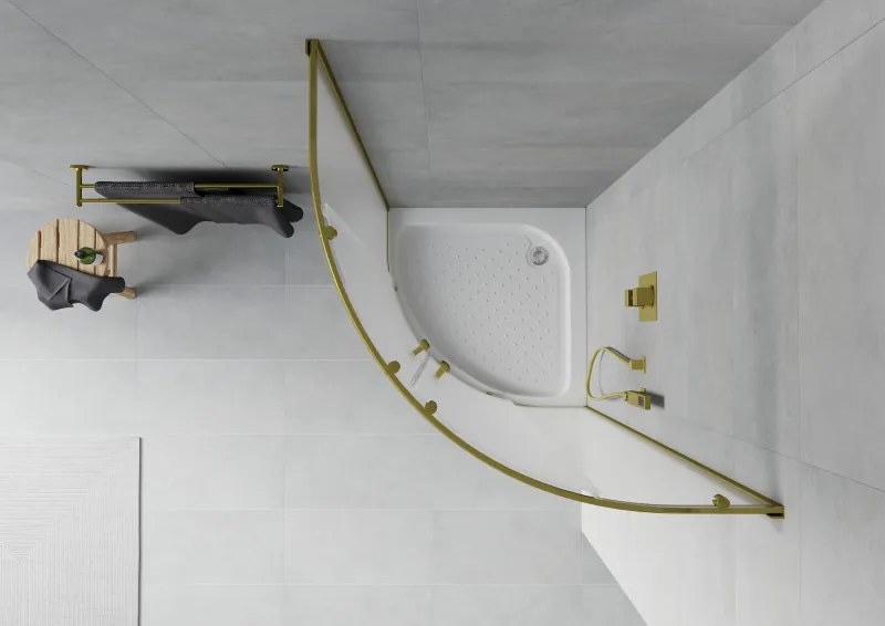 Mexen Rio, čtvrtkruhový sprchový kout 70(dveře)x70(dveře)x190 cm, 5mm sklo námraza, zlatý profil + bílá sprchová vanička RIO, 863-070-070-50-30-4710