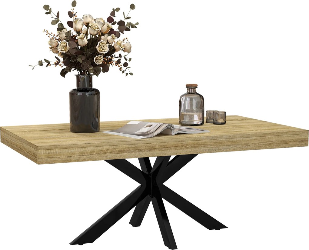 HOMCOM Obdélníkový konferenční stolek v industriálním stylu - černý kov a vzhled přírodního dřeva - 110 x 60 x 45 cm