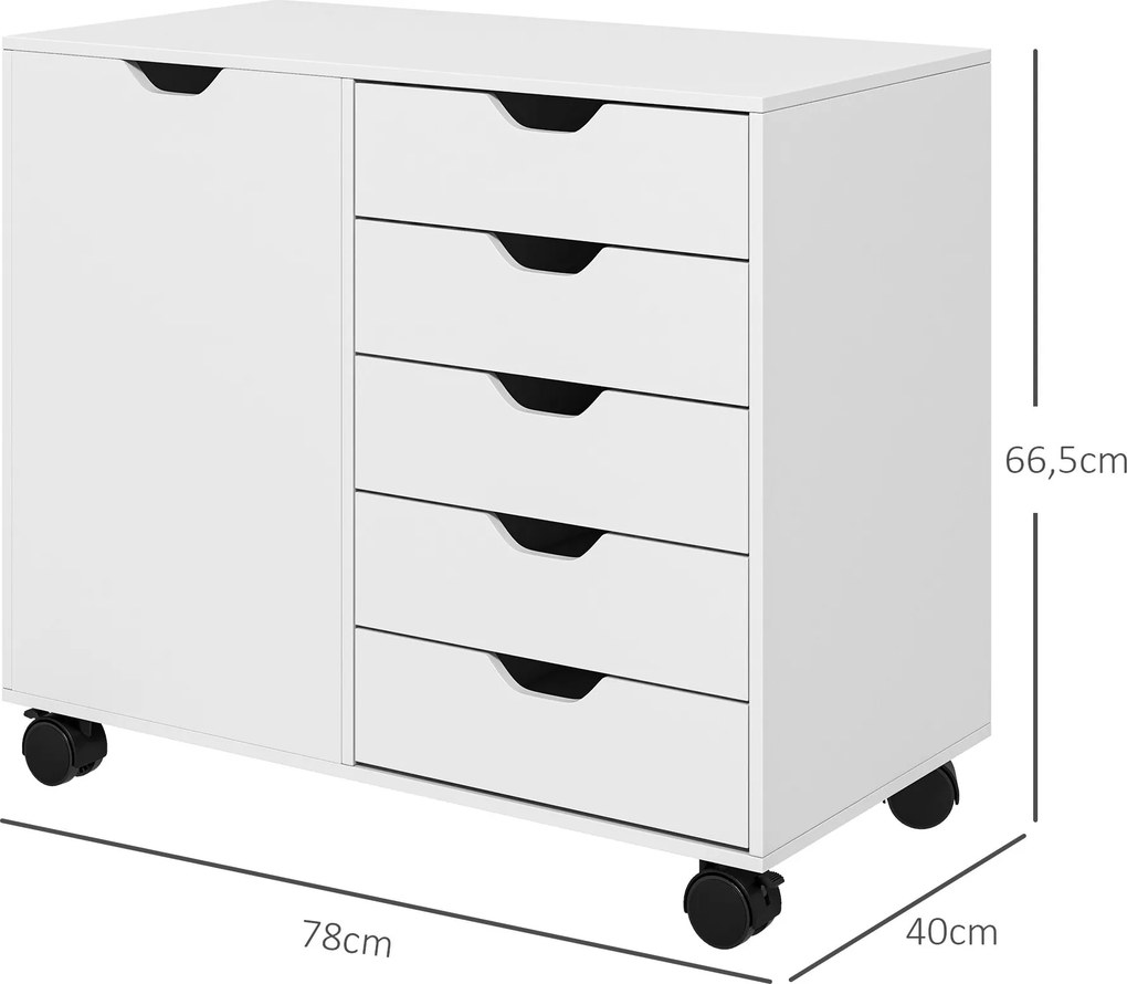 HOMCOM Kancelářská Skříň s 5 Šuplíky a 1 Stojanem na Tiskárnu na Kolečkách s Nastavitelnou Policí, 78 x 40 x 66,5 cm, Bílá