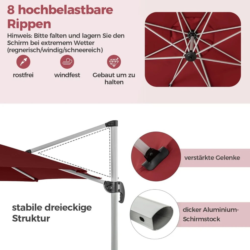 Costway Ø 330 cm slunečník s klikou a UPF 50+ a 360° otočný, červený