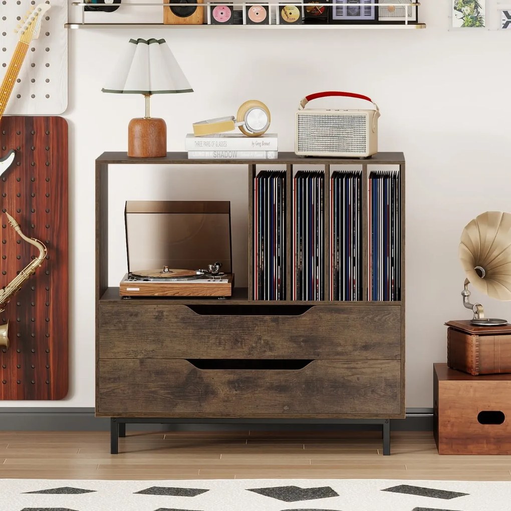Costway Stojan na gramofon s 4 vinylovými přihrádkami a 2 zásuvkami