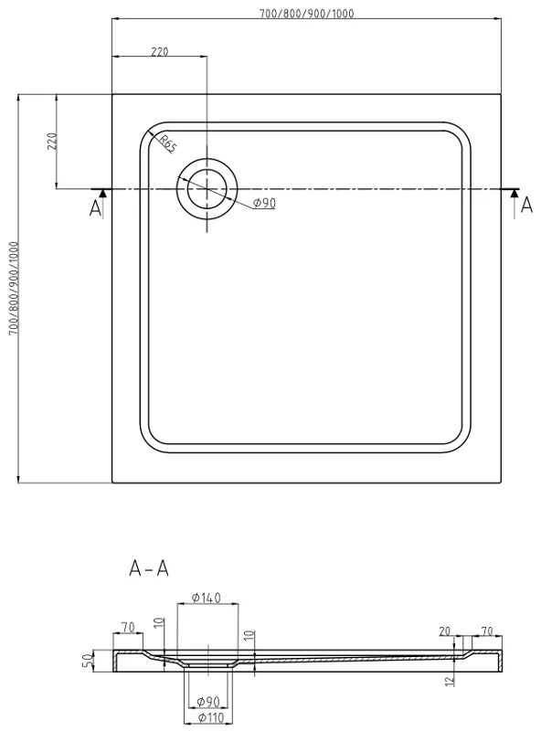 Mexen Flat čtvercová vanička do sprchového kout slim 80 x 80 cm, Bílá, sifon Zlatá - 40108080G