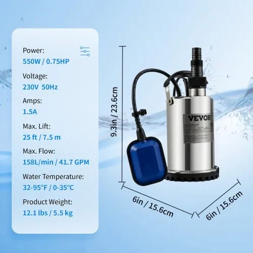 ponorné vodní čerpadlo, 550 W 9500 l/v, s 10 m