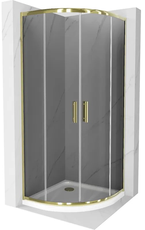 Mexen Rio, čtvrtkruhový sprchový kout s posuvnými dveřmi 80 (dveře) x 80 (dveře) x 190 cm, 5mm šedé sklo, zlatý profil + bílá sprchová vanička SLIM, 863-080-080-50-40-4110G