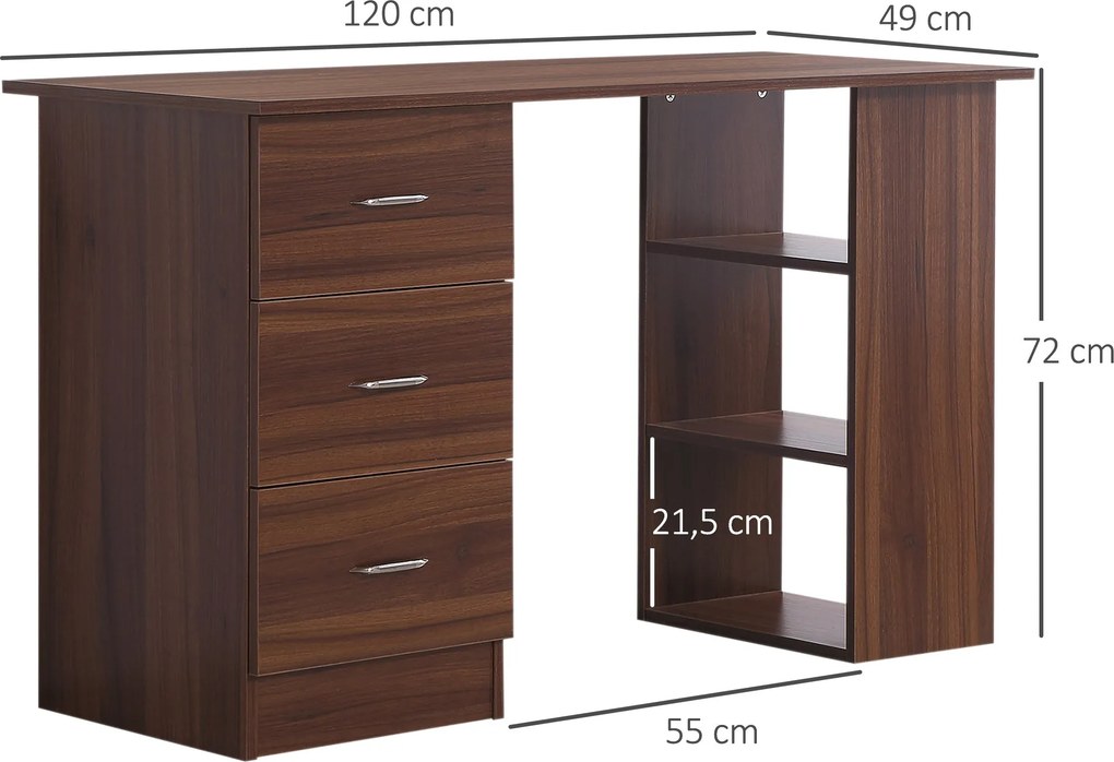HOMCOM Stůl s úložným prostorem, Počítačový stůl 120 x 50 cm, Pracovní stol s policemi a šuplíky, pro malé prostory, ložnici, Ořechová úprava