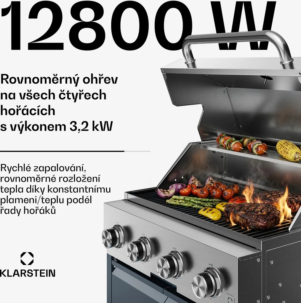 Klarstein WaldChef plynový gril | 4 hořáky | 30 mbar | 12800 W | Litinový rošt | Nerezová ocel