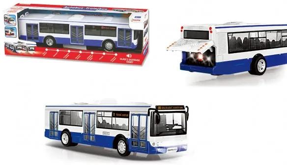 Autobus česky mluvící plast 28 cm modrý volný chod na baterie se světem se zvukem