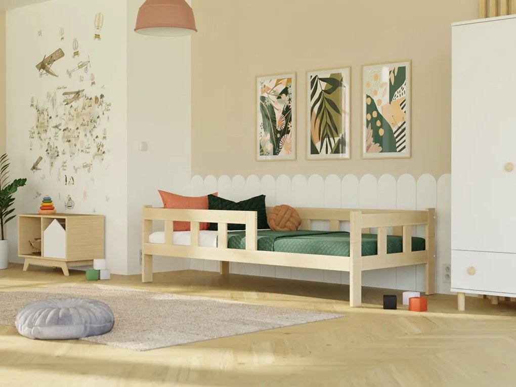 Benlemi Dřevěná jednolůžková postel FENCE 4v1 se zábranou Zvolte barvu: Béžová, Zvolte rozměr: 80x190 cm, Zvolte zábranu: S otevřeným vstupem
