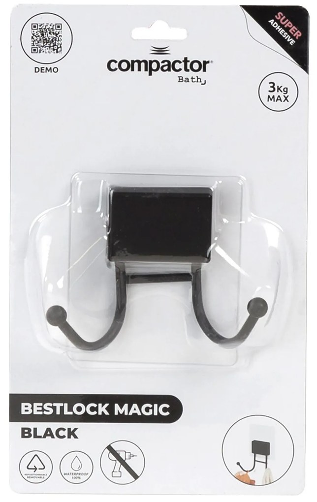 Dvojitý samolepicí háček Compactor Bestlock Black Magic systém bez vrtání, nosnost až 3kg