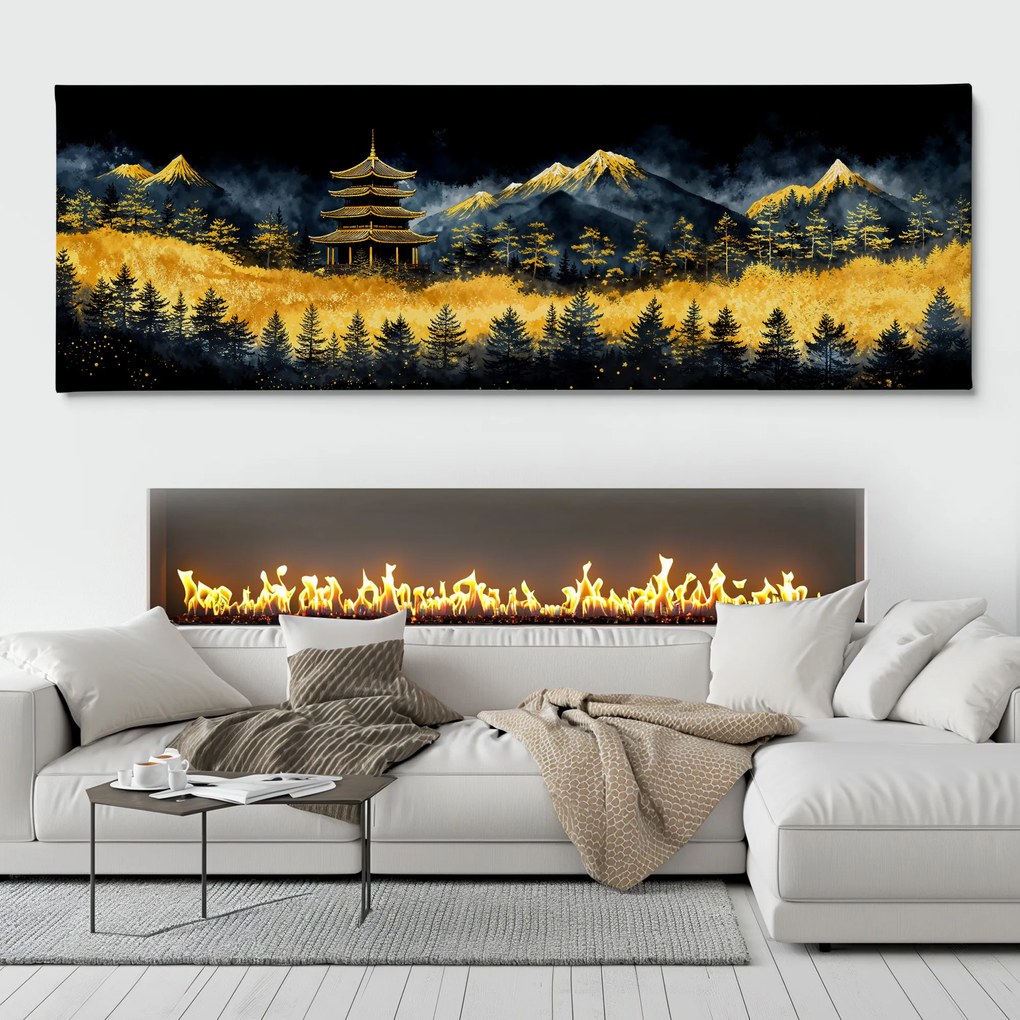 Obraz na plátně - Japonský chrám Majito v tyrkysových lesích FeelHappy.cz Velikost obrazu (šířka x výška): 210 x 70 cm