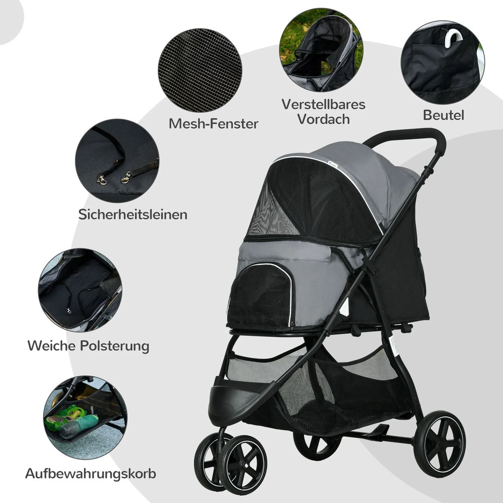 PawHut kočárek pro domácí mazlíčky skládací s pláštěnkou a bezpečnostním vodítkem, úložný koš pro malé psy, Oxford grey