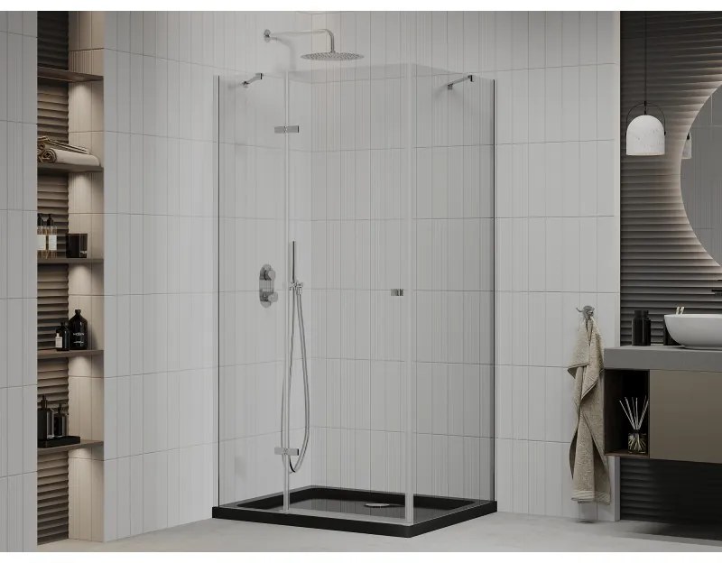 Mexen Roma sprchový kout s otočnými dveřmi 100 x 90 cm, Průhledné, Chromovaná + sprchová vanička Flat, Černá - 854-100-090-01-00