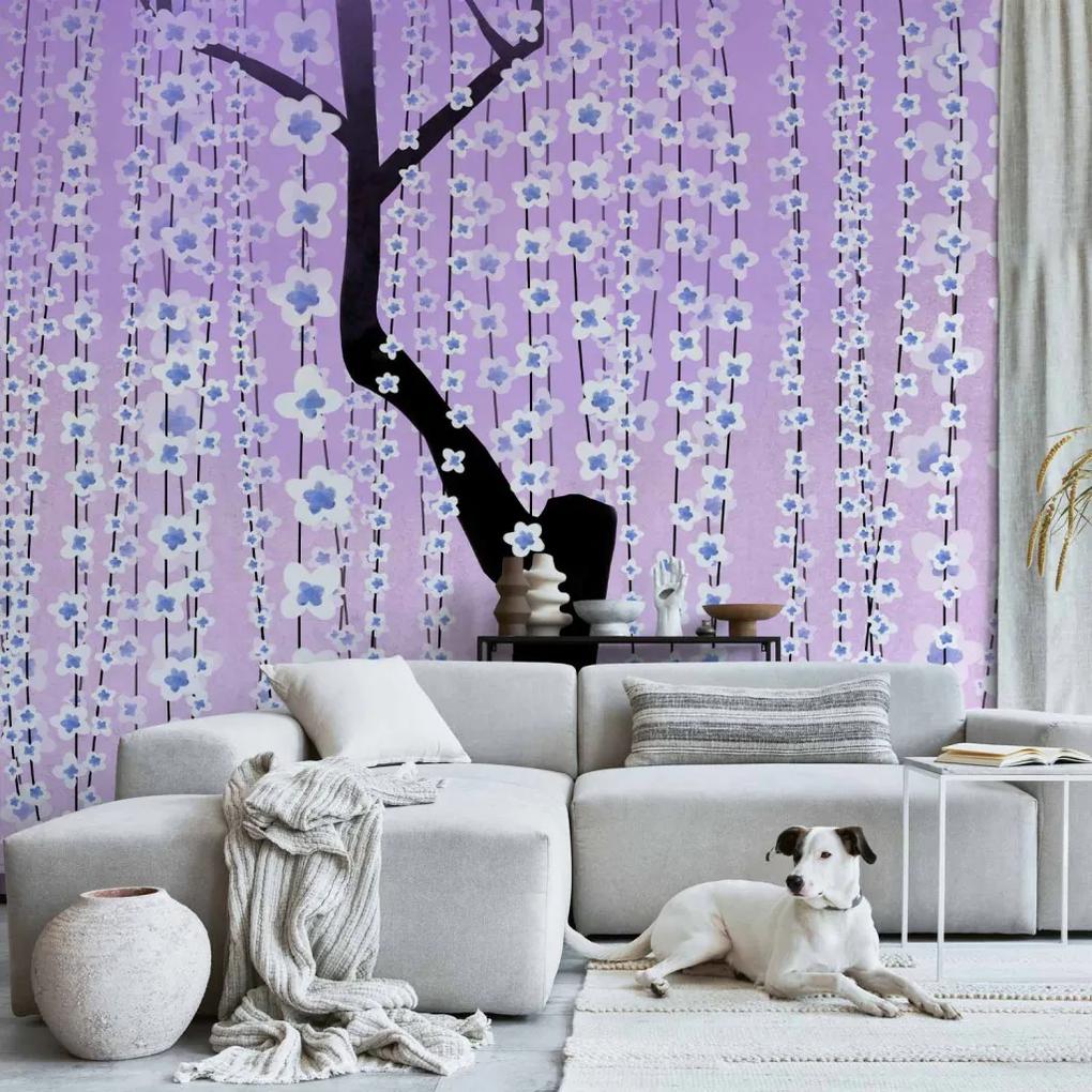 Fototapeta Strom s padajícími květy - romantické rozkvět na fialovém pozadí