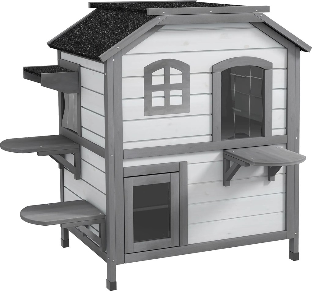 Dřevěný domek pro kočky PawHut, venkovní domek pro kočky se schody, 2 patra, domek pro malá zvířata pro kočky do 4,5 kg, bílý, 78 x 55,5 x 91 cm | Ao…