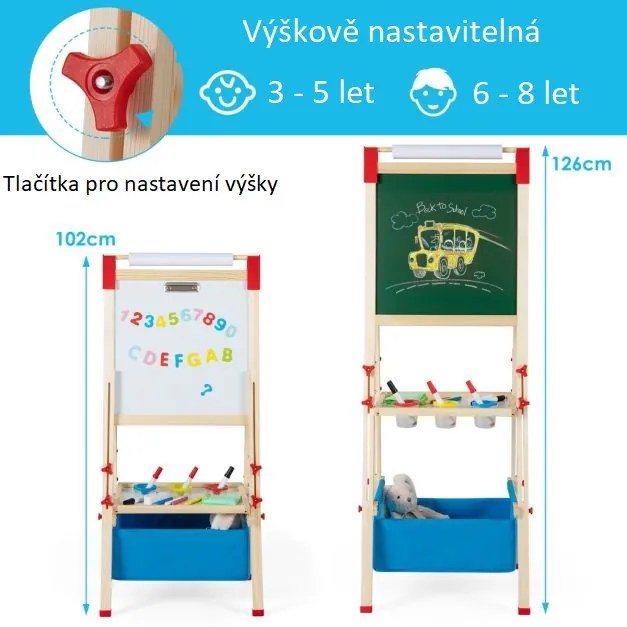 Dětská oboustranná tabule s rolí papíru a odkládacím košem, přírodní TM10062
