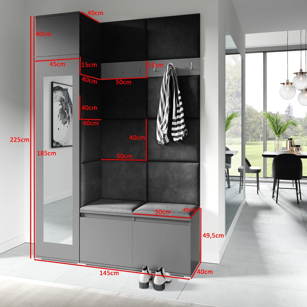 Eka Předsíňová stěna s čalouněnými panely Trinity 22 - Dub Artisan s černou / Tmavá krémová 2302