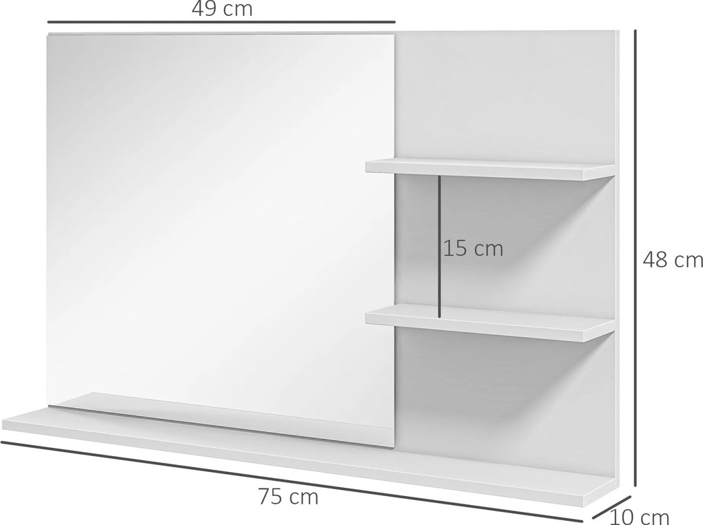 Kleankin Moderní Zrcadlo do Koupelny s 2 Bočními Policemi a Spodní Policí, Nástěnné Zrcadlo z MDF a Skla, 75x10x48 cm, Bílá