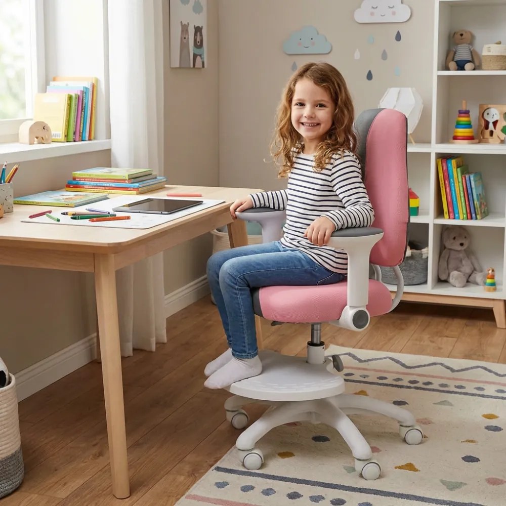 Dětská rostoucí židle Neoseat KINDER WHITE PLUS — látka, šedá / světle růžová