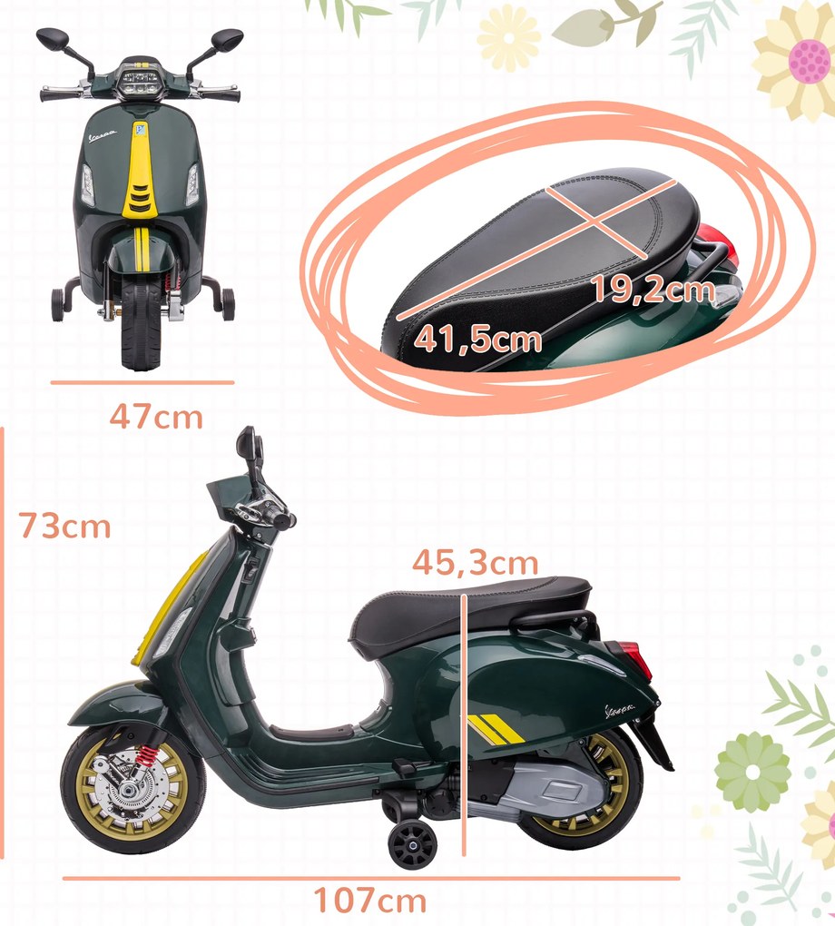 Dětská elektrická Vespa skůtr AIYAPLAY 6V – elektrická motorka pro děti 3-6 let, rozměry 107L x 47W x 73H cm, MP3 hudba, USB port, FM rádio, světlome…