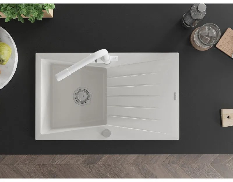 Mexen Cesar, granitový dřez 775x470x190 mm, 1-komorový a bílá baterie Duero, bílá, 6514-20-671600-20