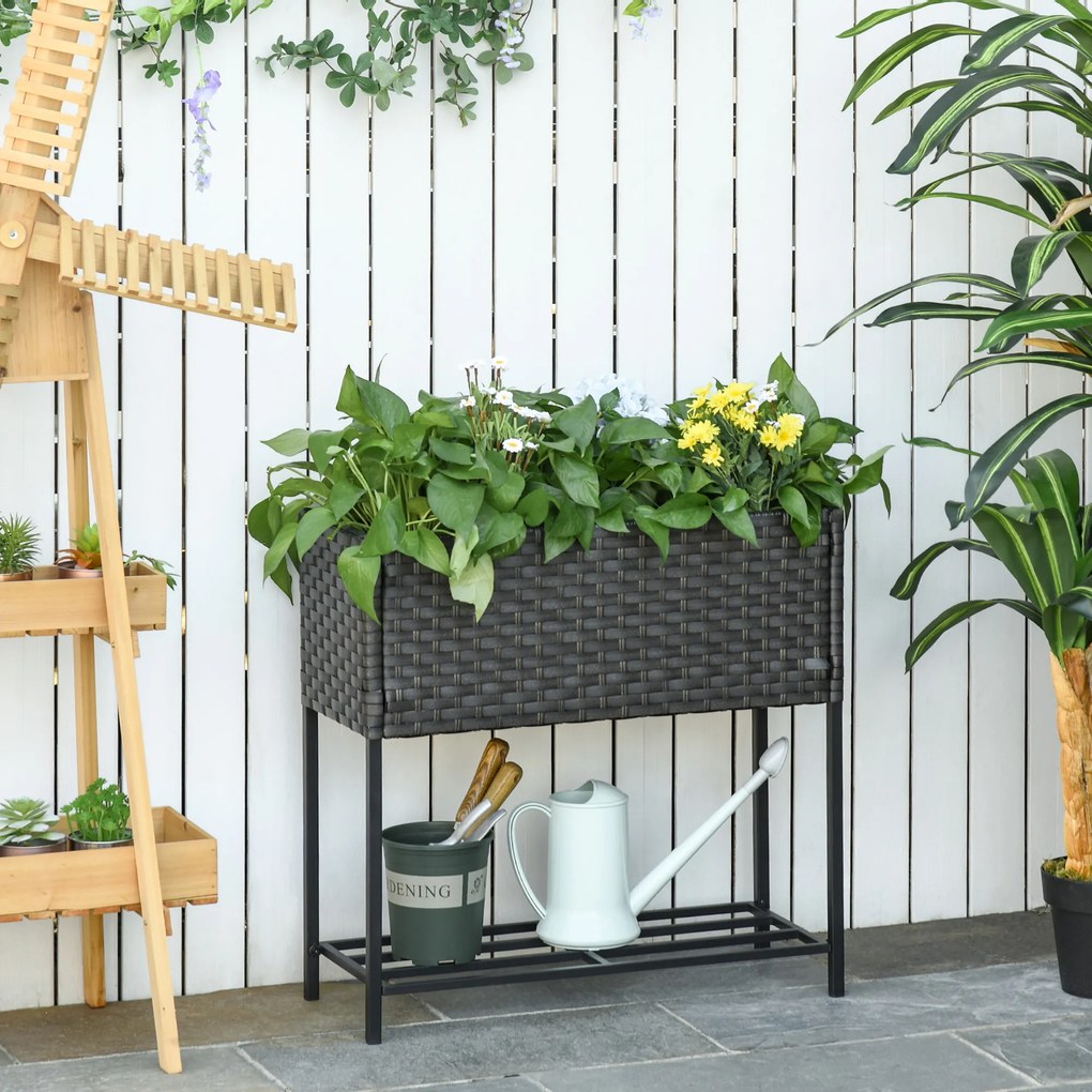 Vyvýšený záhon Outsunny z polyratanu s nožičkami a policí, 70 x 30 x 72 cm, hnědý pro zahradu balkon terasu | Aosom.de