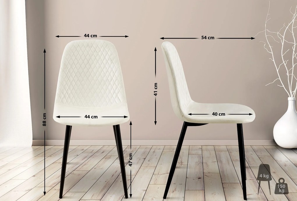 Sada 4 ks židle Giverny samet – krémově bílá