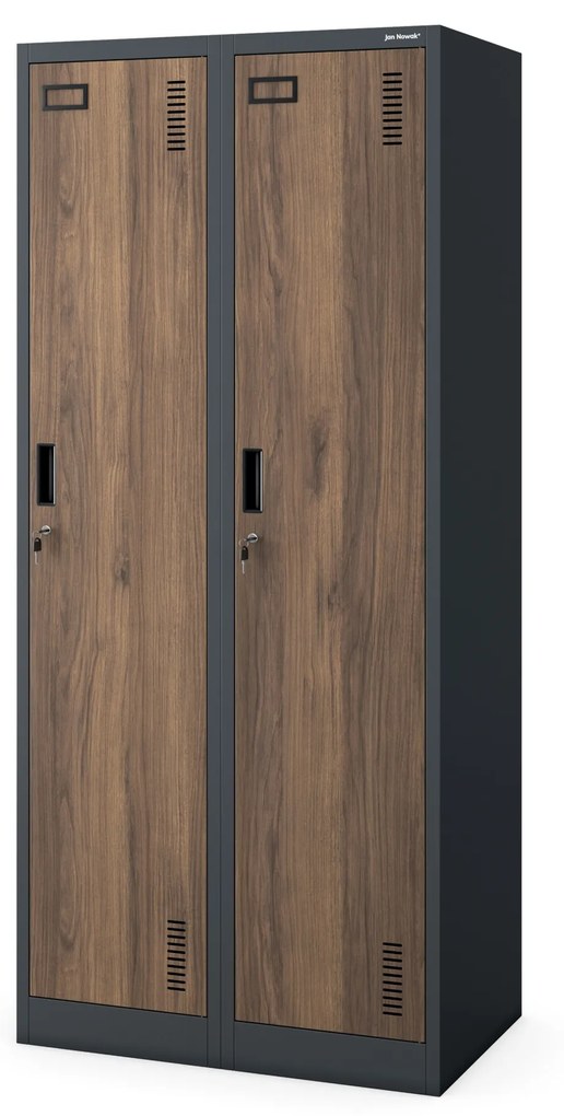 Plechová šatní skříň na soklu s polici KACPER, 800 x 1800 x 500 mm, Eco Design: antracitová/ ořech