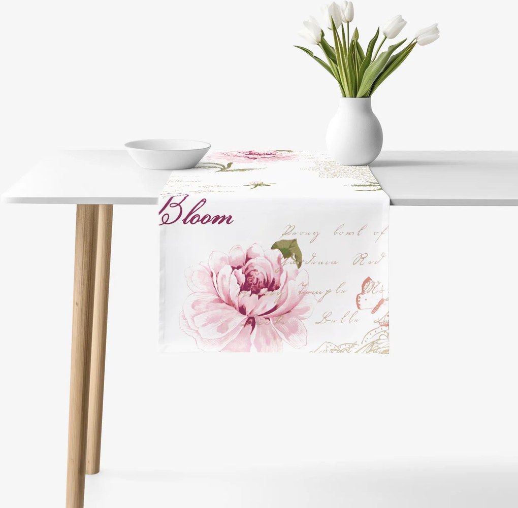 Goldea běhoun na stůl 100% bavlněné plátno - pivoňky s texty 35x180 cm