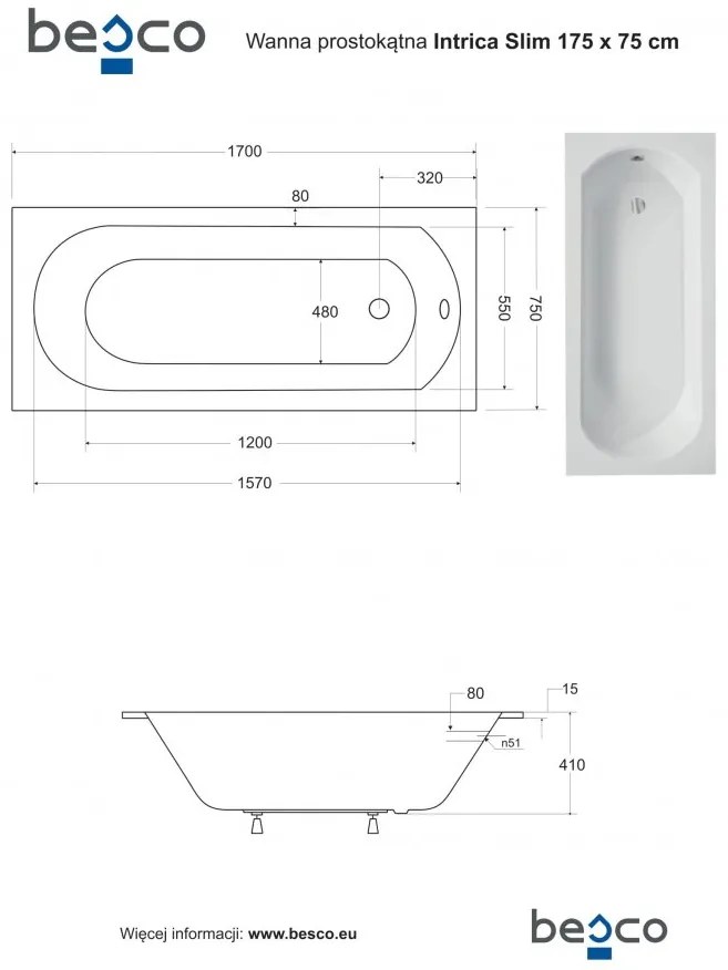 BESCO Obdélníková vana INTRICA SLIM Nožičky k vaně - Bez nožiček, Rozměr vany - 170 × 75 cm VANINTRICA170SL