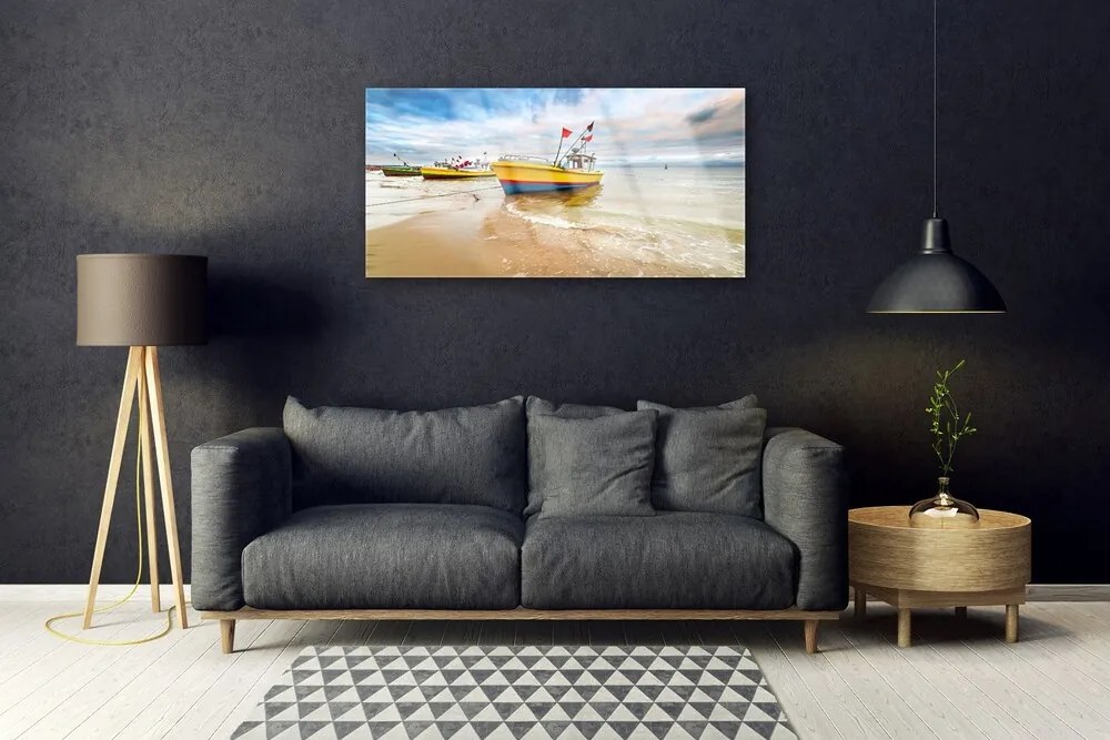 Obraz na skle Loďky Pláž Moře Krajina 125x50 cm