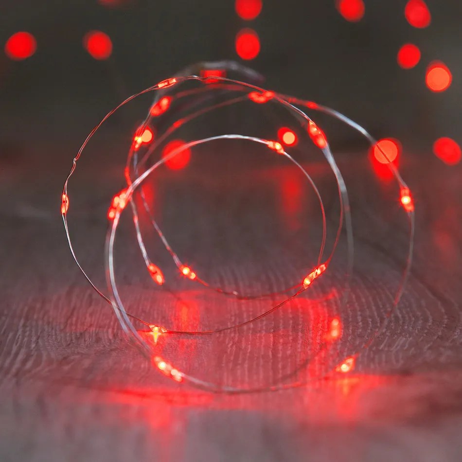 LED světýlka na baterie, kapičky, 2,30 m, červená, 20 diod, drátek, IP20 interiér, 3 × AA