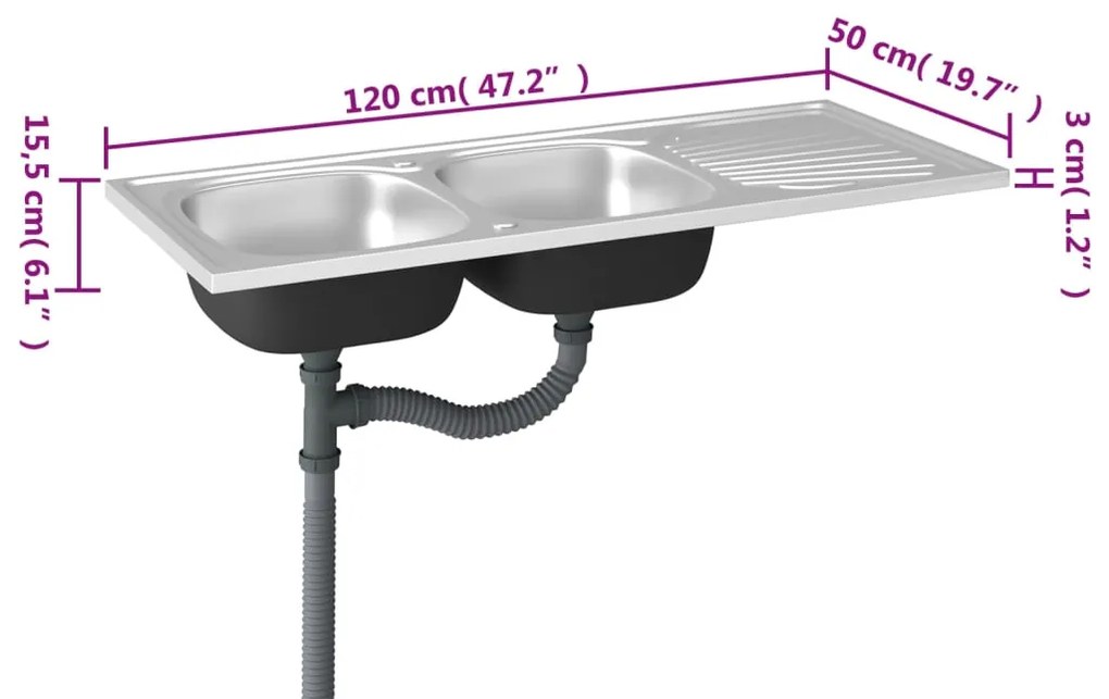 vidaXL Marketos Kuchyňský dvojitý dřez stříbrný 1 200x500x155 mm nerezová ocel