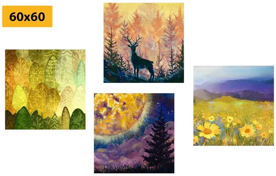 Set obrazů příběh jelena v imitaci olejomalby - 4x 40x40 cm