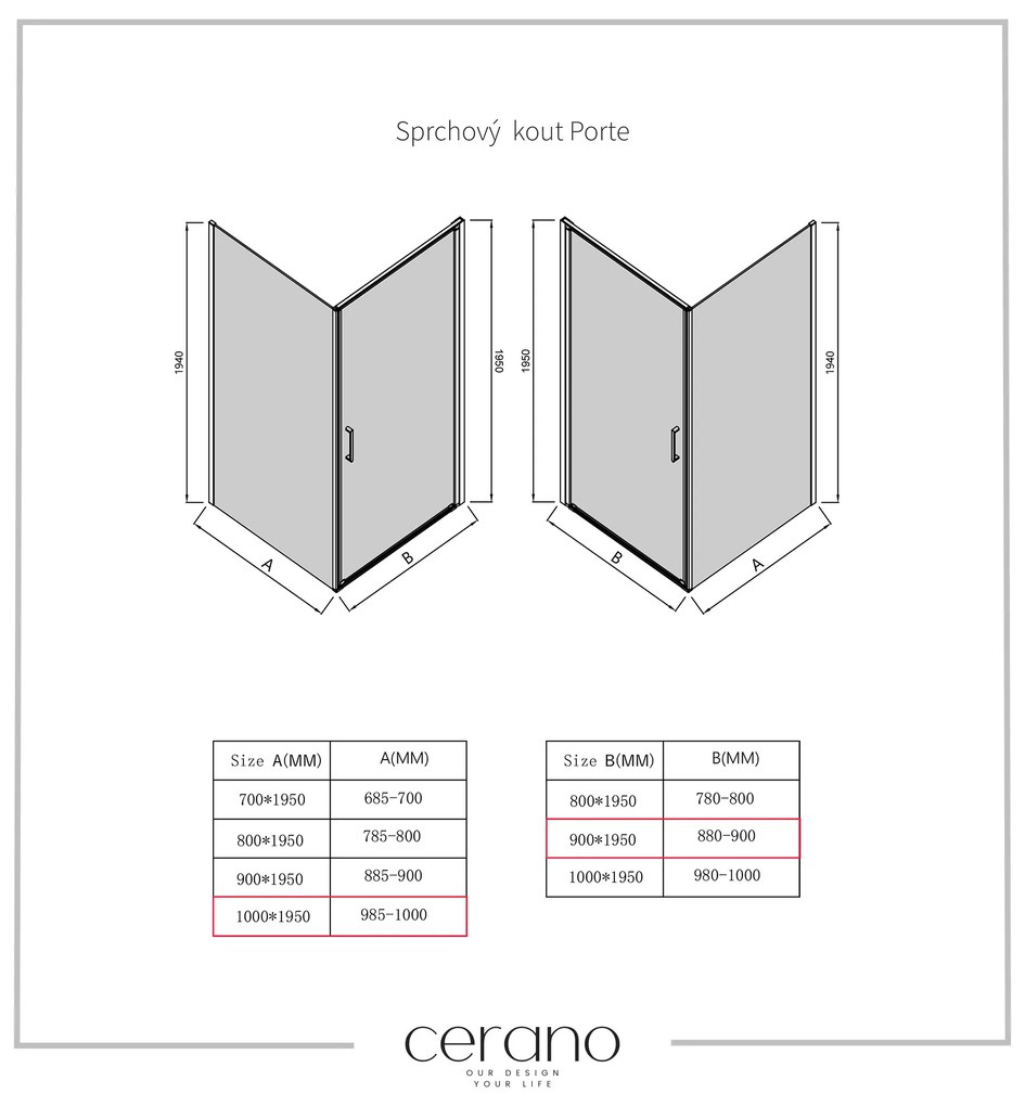 CERANO - Sprchový kout Porte L/P - černá matná, transparentní sklo - 90x100 cm - křídlový