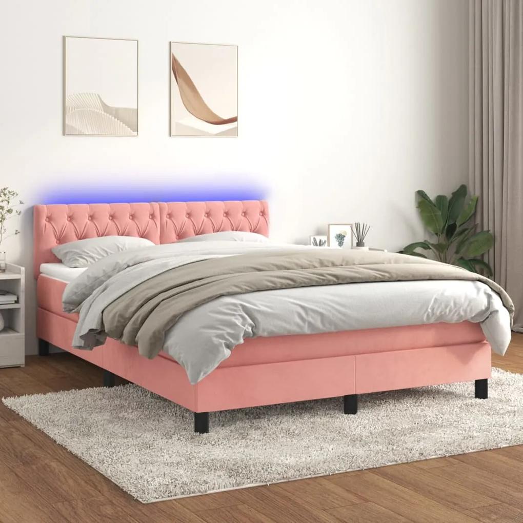 vidaXL Box spring postel s matrací a LED růžová 140x200 cm samet