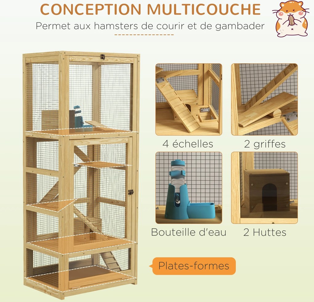 Klec pro křečka nebo myš PawHut, dřevěná pro malá zvířata, 5 úrovní s žebříkem, domeček, houpačka, odnímatelný tác, dávkovač vody, 54 x 38 x 131 cm, …