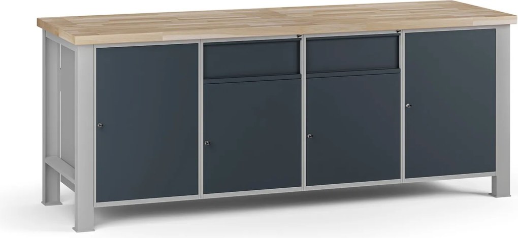 Dílenský pracovní stůl G7, buková spárovka, 2100 x 685 x 840 mm, 4x skříňka, 2 zásuvky, grafit
