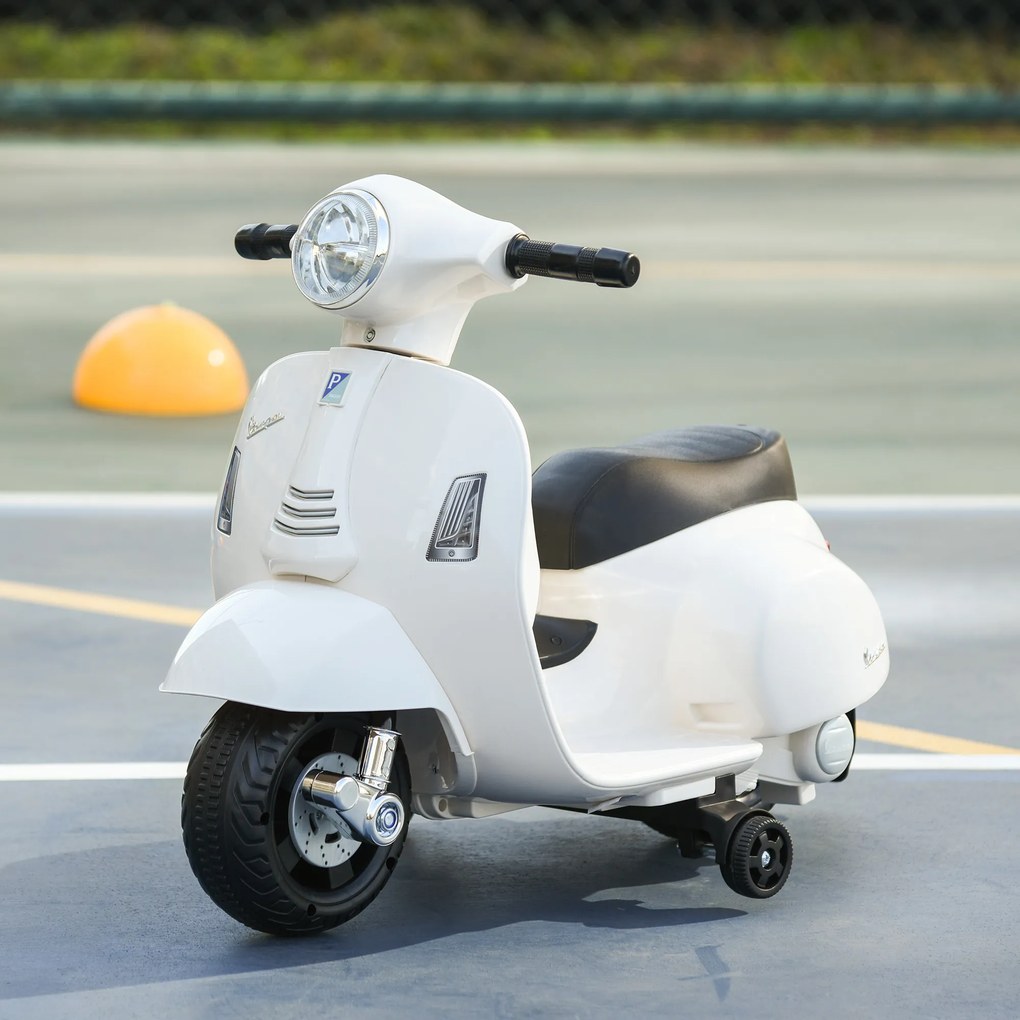 HOMCOM VESPA elektrická motorka pro děti, 18-36 měsíců, 3 km/h, LED světlo a zvuk, PP plast a kov, bílá, 66.5x38x52cm
