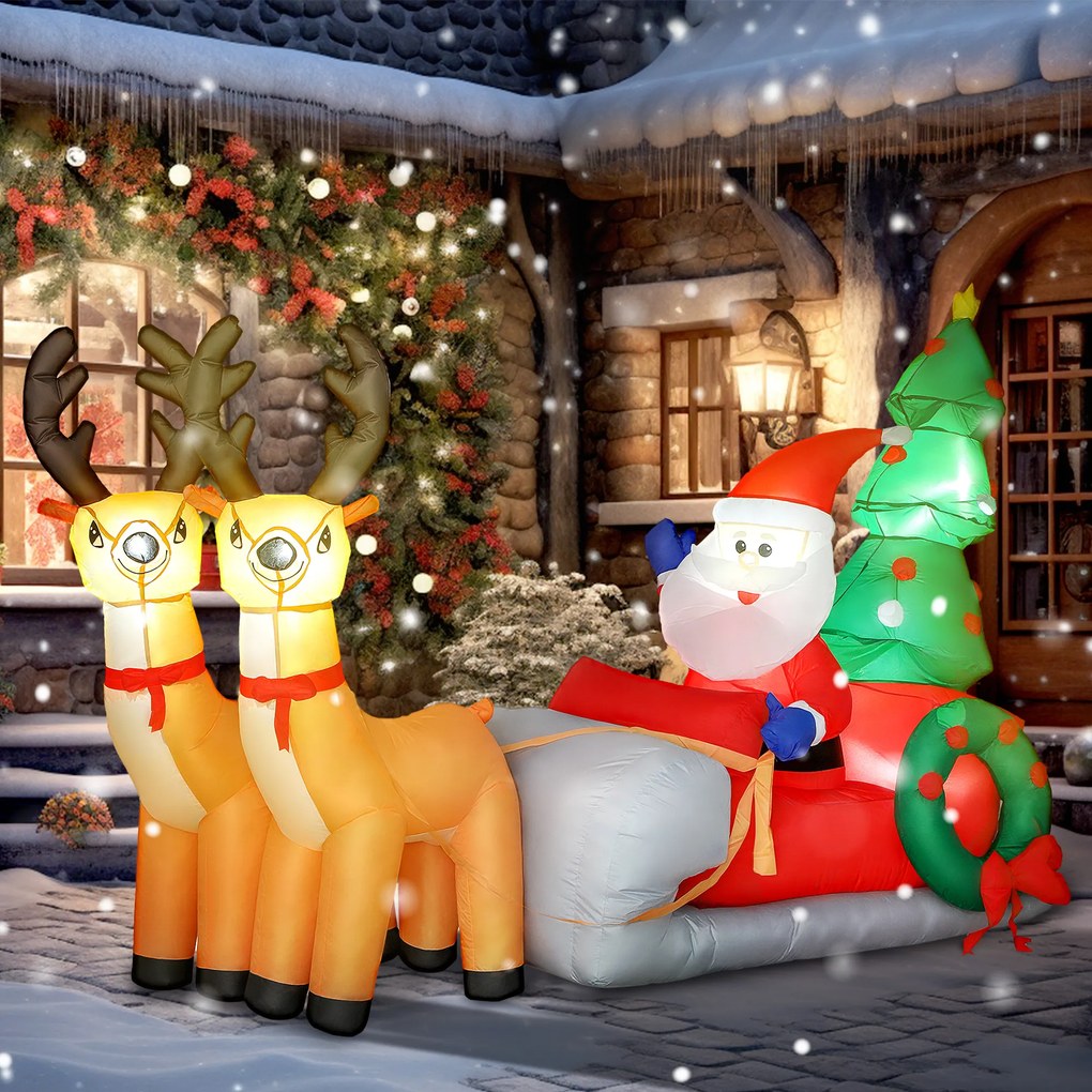Outsunny Nafukovací vánoční dekorace, Santa Claus v sobím saních, polyesterová látka, LED světla, barevné