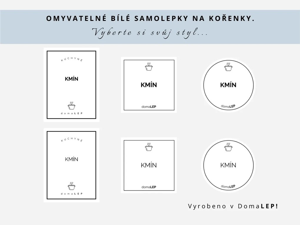 KMÍN - omyvatelná samolepka na kořenky, výběr rozměrů Ø 5 cm / 5 x 5 cm / 6 x 8 cm | DomaLEP tvar: ČTVEREC, barva: BÍLÁ - ČERNÉ písmo, velikost: š. 5 cm x v. 5 cm - základní písmo