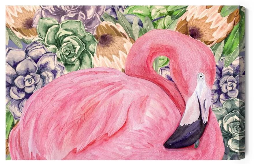 Obraz Flamingo A Květiny Nedostatek Nedostatek Přírodní plátno 70x50