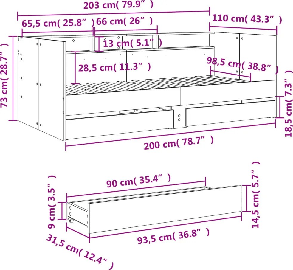 vidaXL Válenda se zásuvkami 100 x 200 cm kompozitní dřevo [3280844] Barva: dub sonoma