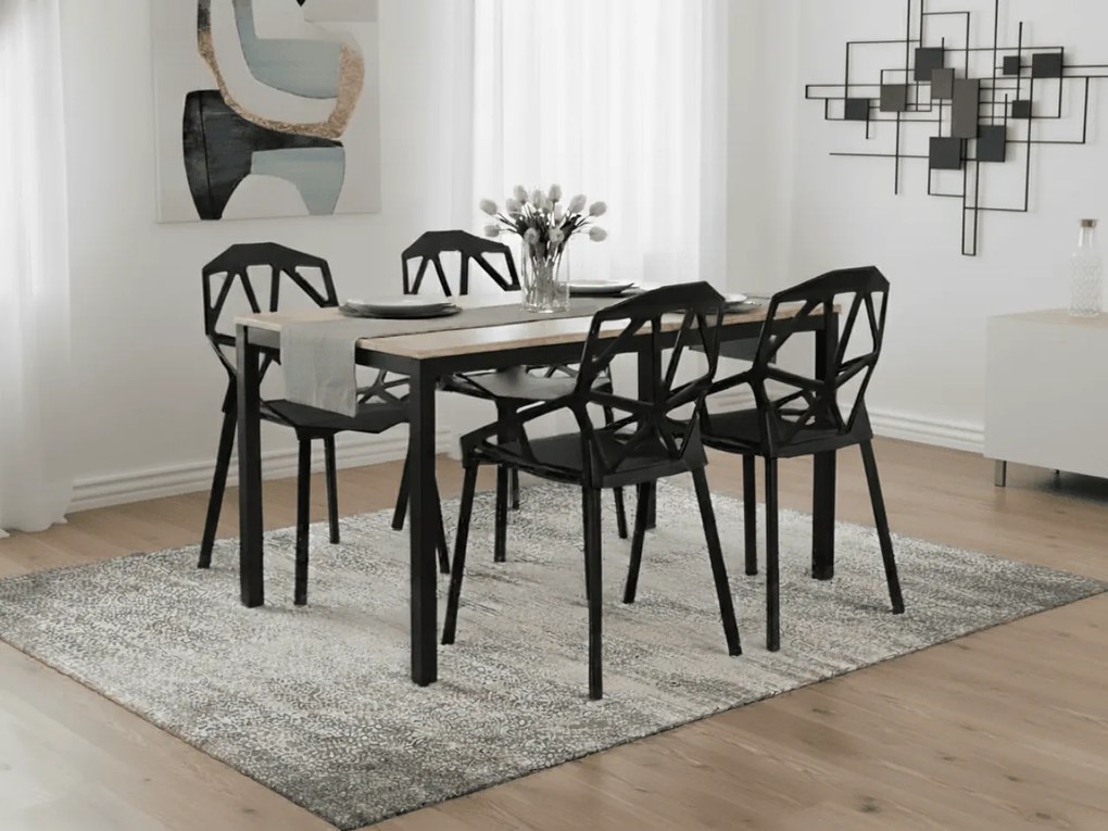 Jídelní set 1 + 4, stůl TESSA 120x60 cm černá/dekor dub + černá plastová židle ESSEN