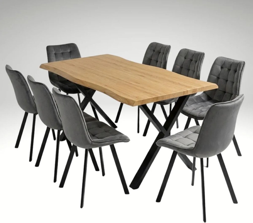 Vikio Jídelní set pro 8 osob 180x90 cm soft dub noha X šedá židle VJS238-8S-S