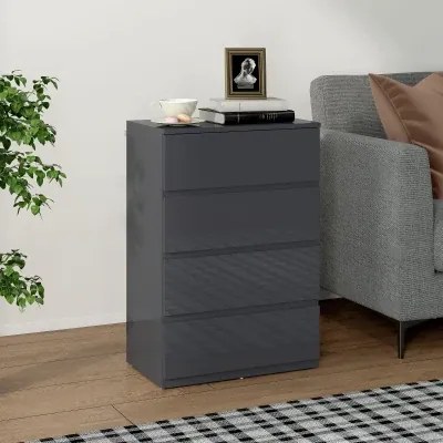 HOMCOM komoda se 4 zásuvkami, vysoce lesklý úložný nábytek, soft-close, 55 x 34 x 80 cm, šedá