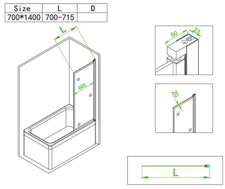 BPS-koupelny Jednodílná vanová zástěna HYD-PR03 70x140 černá/transparent