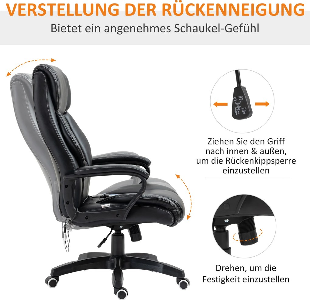 Masážní kancelářská židle Vinsetto v kůži, ergonomická výškově nastavitelná otočná židle, počítačová židle v černé barvě pro kancelář a domácí kancel…
