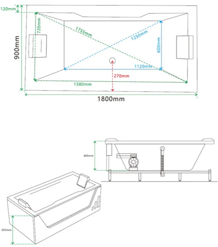 BPS-koupelny Hydromasážní vana HYD-SA944 180x90 s ohřevem vody