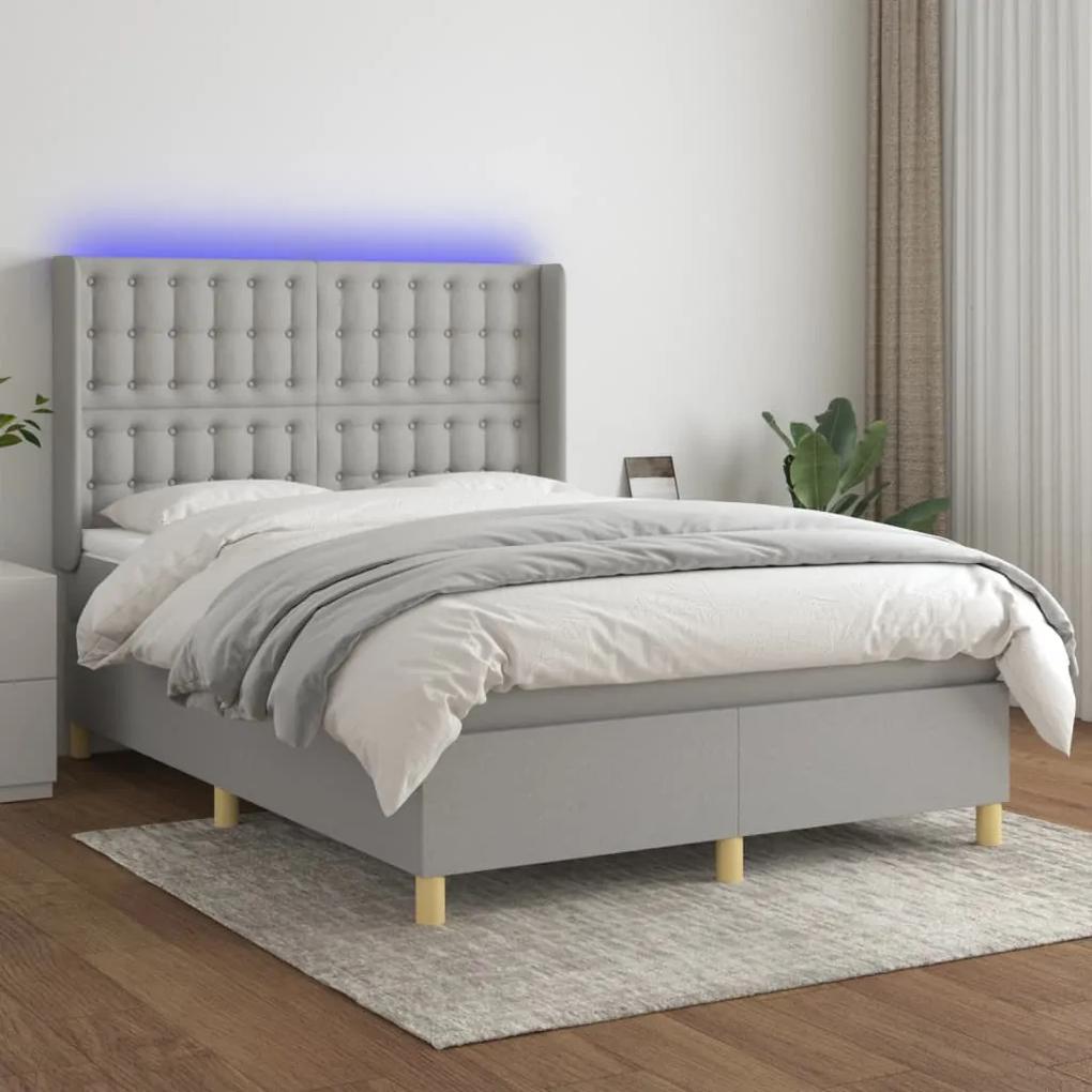 Box spring postel s matrací a LED světle šedá 140x190 cm textil,  3139189