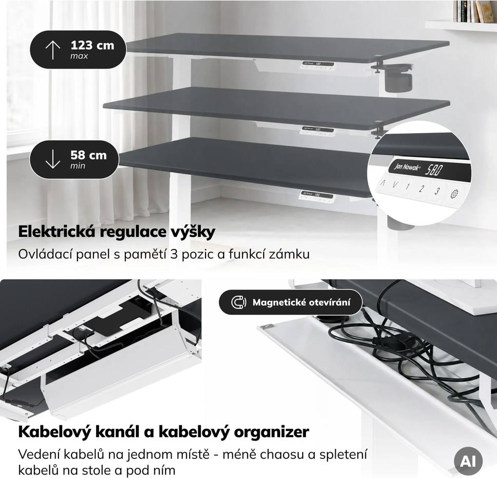 Elektrický stůl s nastavitelnou výškou ergonomický bílo-antracitový,1400x700 mm: ARIA
